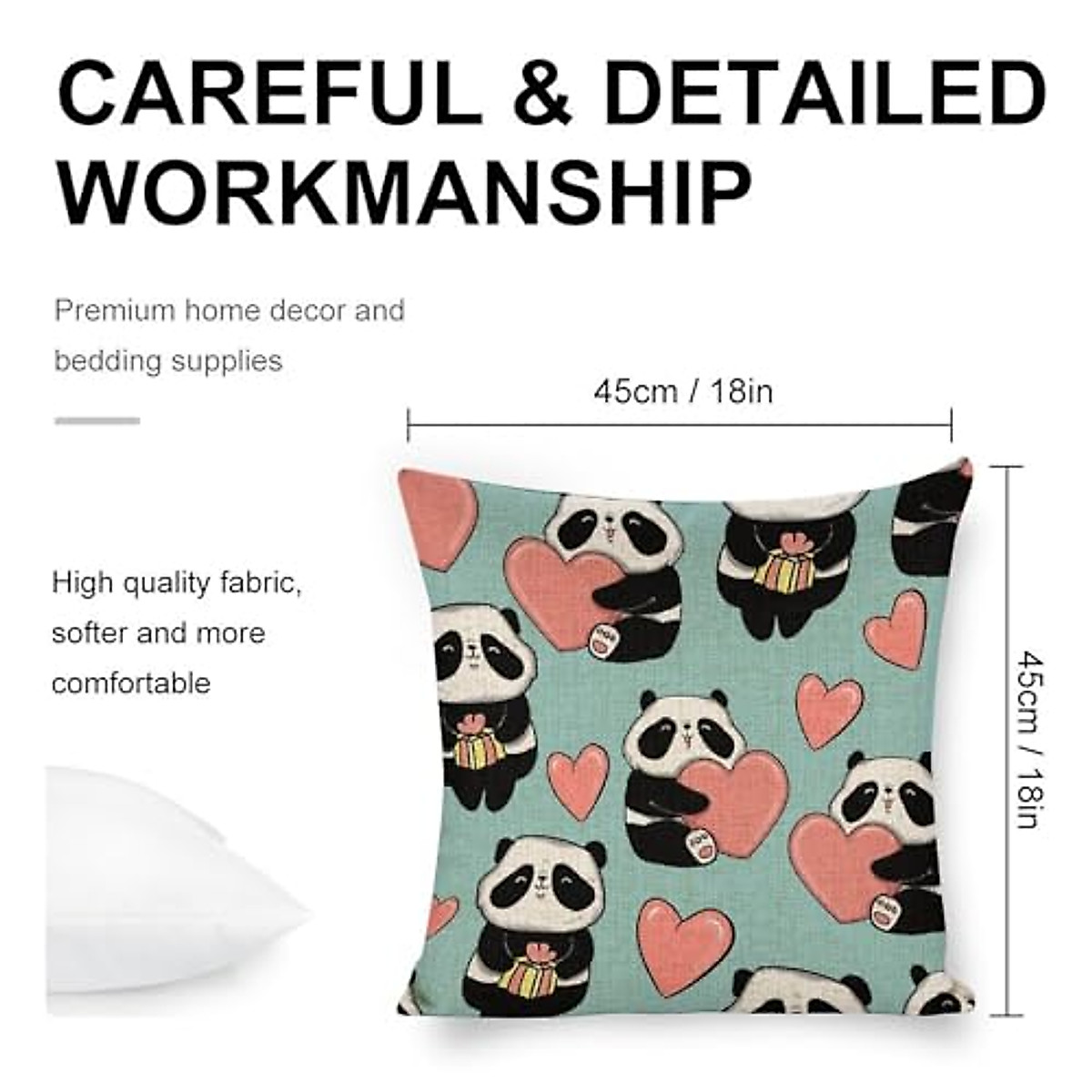 Cute Panda Heart Throw Pillow Covers 18×18 Pillowcases Set of 2 Happy Valentine's Day Linen Decorative Square Pillow Case Cushion Covers Standard Size for Sofa Couch Outdoor Bed Pillow Protectors