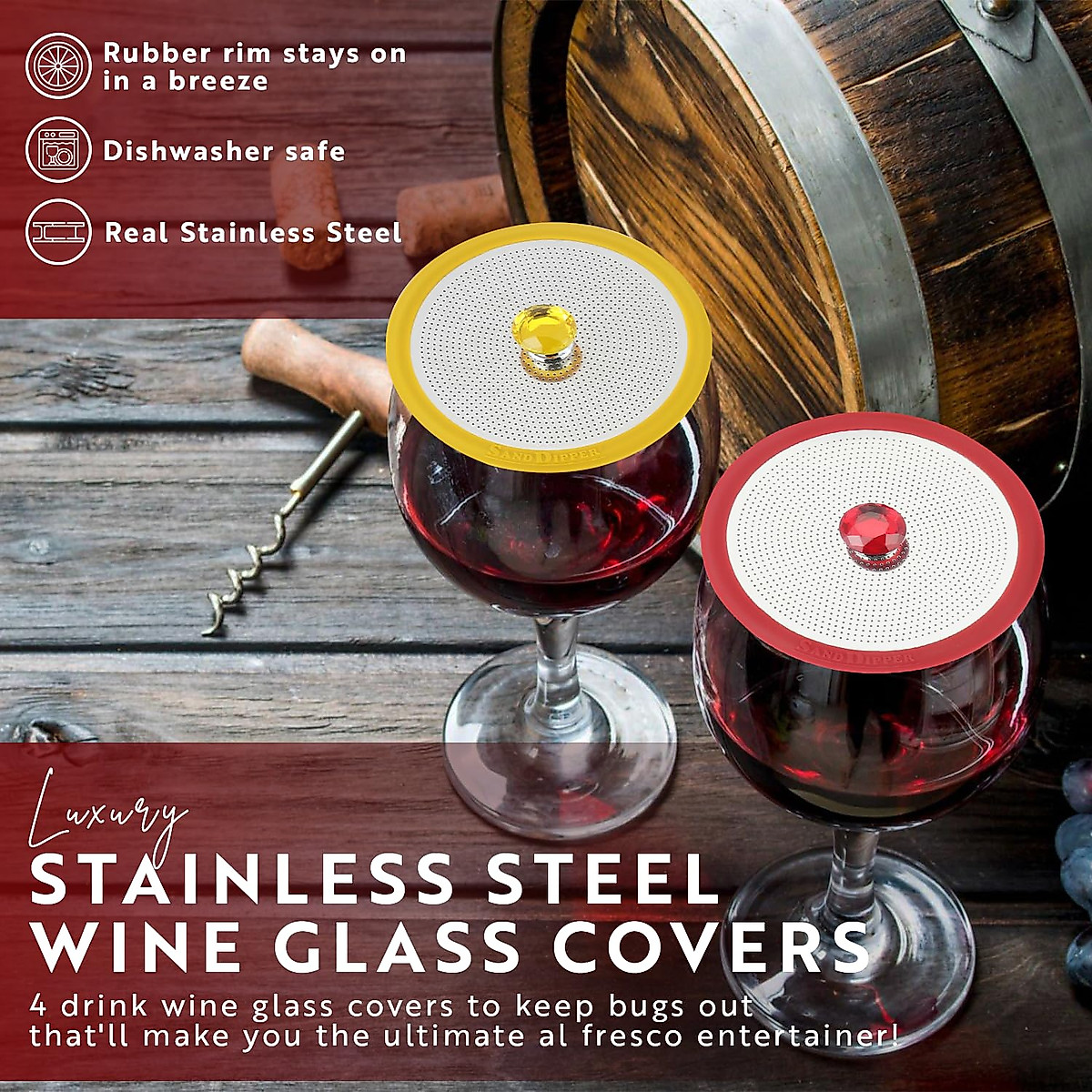 Luxury Stainless Steel Wine Glass Covers to keep bugs out. Set of 4 Bug-Free Outdoor Drink Cup Covers for Drinks, Vino, Coffee, Tea, Beer. Keep Your Drinks Free from Flies, Bees, and Insects!