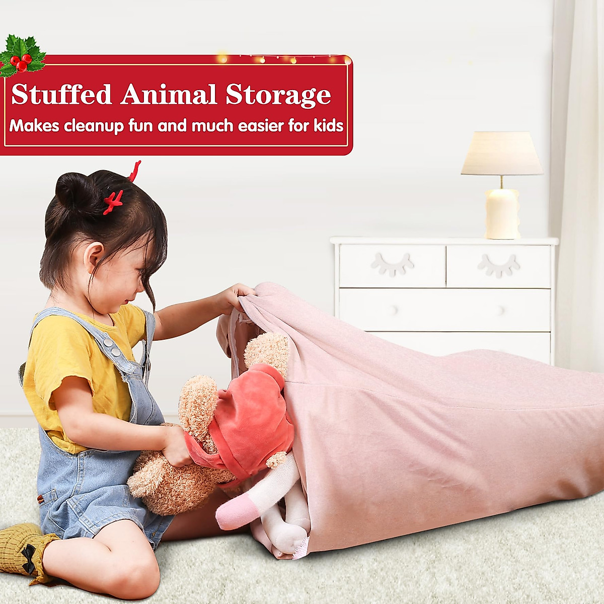 Jorbest Stuffed Animal Storage Bean Bag Chair for Kids and Adults, Luxury Velvet Stuffed Animal Bean Bag Storage, Cover Only(Sweet Pink 200 L/52 Gal)