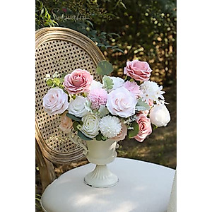 Serwalin Artificial Flowers Fake Silk Flowers for DIY Wedding Bouquets Cake Decoration Mixed Roses Combo Blush Pink and White Flower Centerpieces Arrangements for Party Table Chair Decor