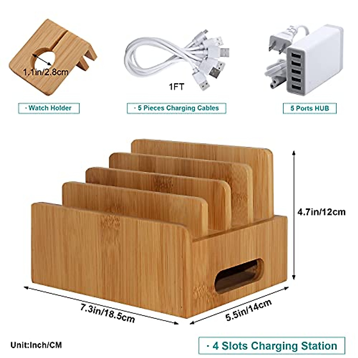 Bamboo Cell Phone Charging Station, Charger Organizer for Multiple Devices Compatible with Cell Phones, Watch, Tablet (with Watch Stand, 5 Port USB Charger, 6 Charger Cables) -BambuMate