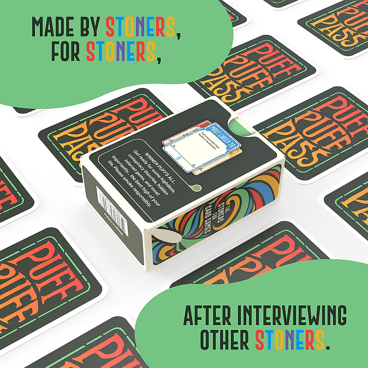 Puff Puff Pass: The Card Game for Stoners w/ 109 Hilarious Trivia, Conversation Starters, Would You Rathers, and More.