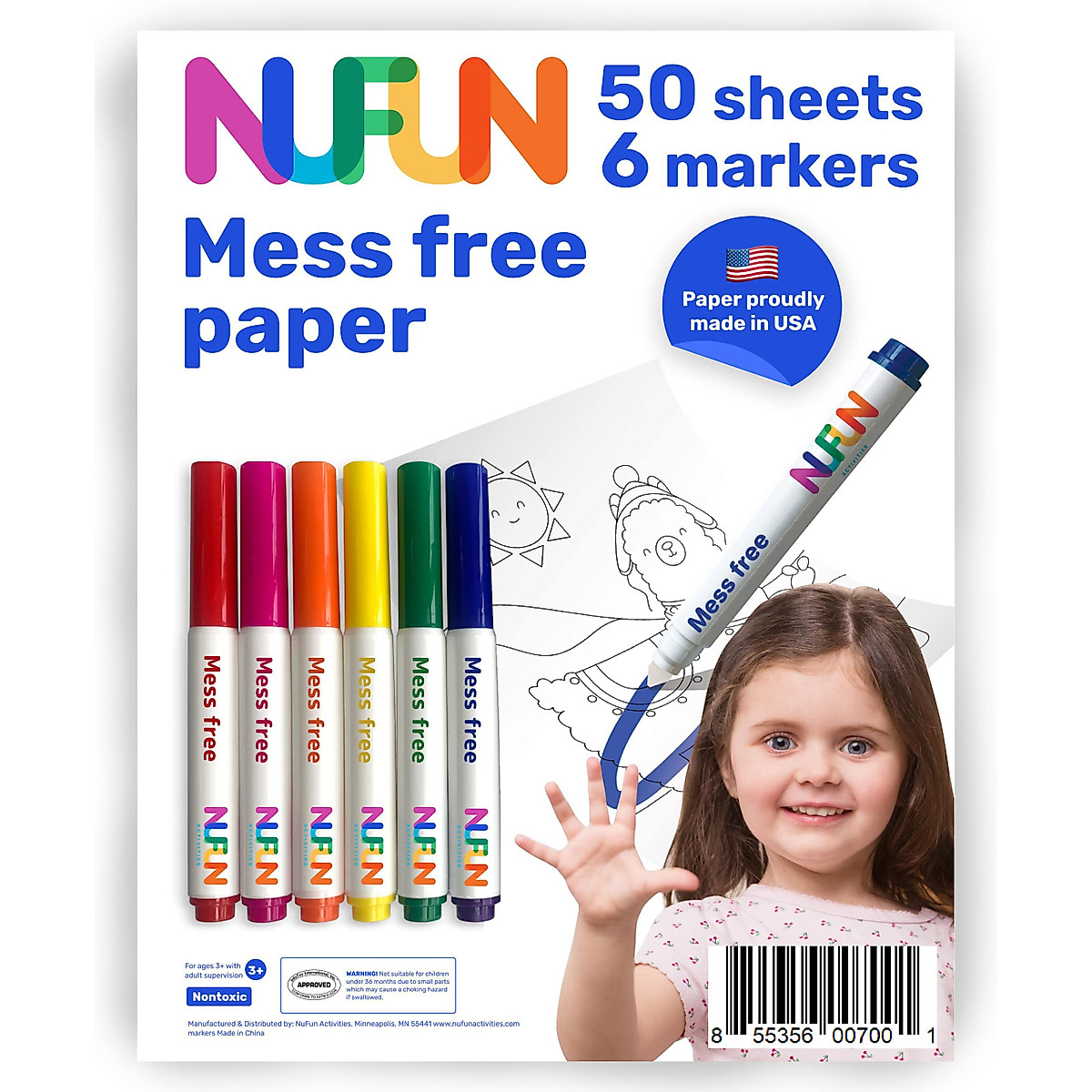 NuFun Activities Mess Free Set - Kids Create No Mess Wonders with Special Coloring Paper, Gift for Toddlers and Kids, 50 Blank Pages and 6 Markers