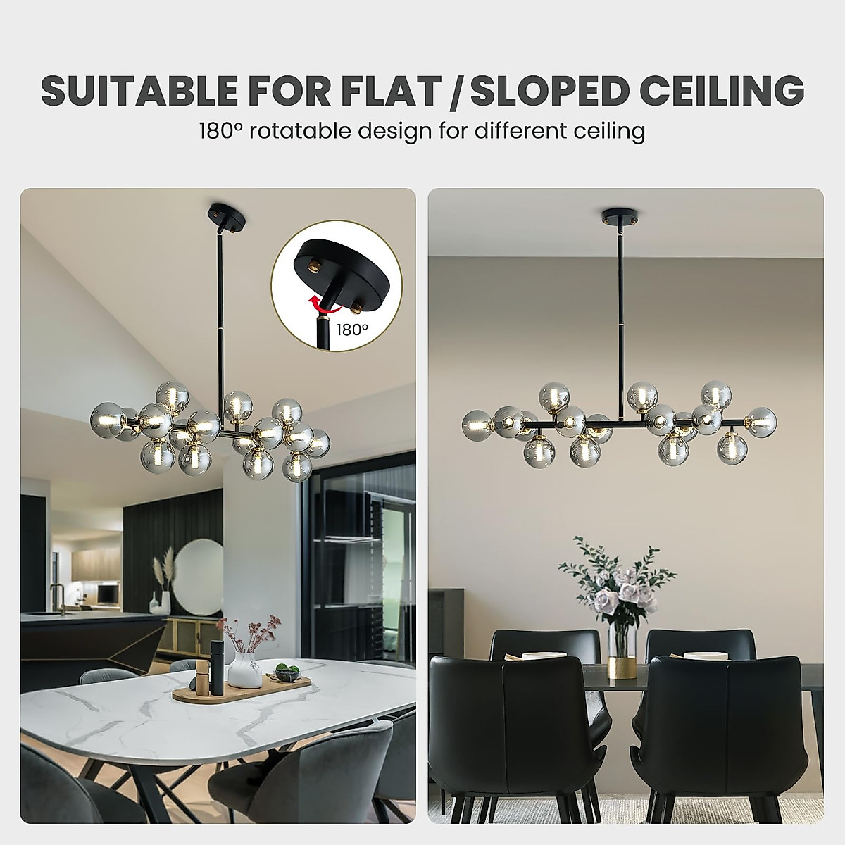 CROSSIO 16 Lights Mid Century Modern Chandelier Black Linear Chandelier Light Fixture Glass Globe Sputnik Pendant Light for Dining Room Kitchen Farmhouse (Smoke Gray Lampshade)