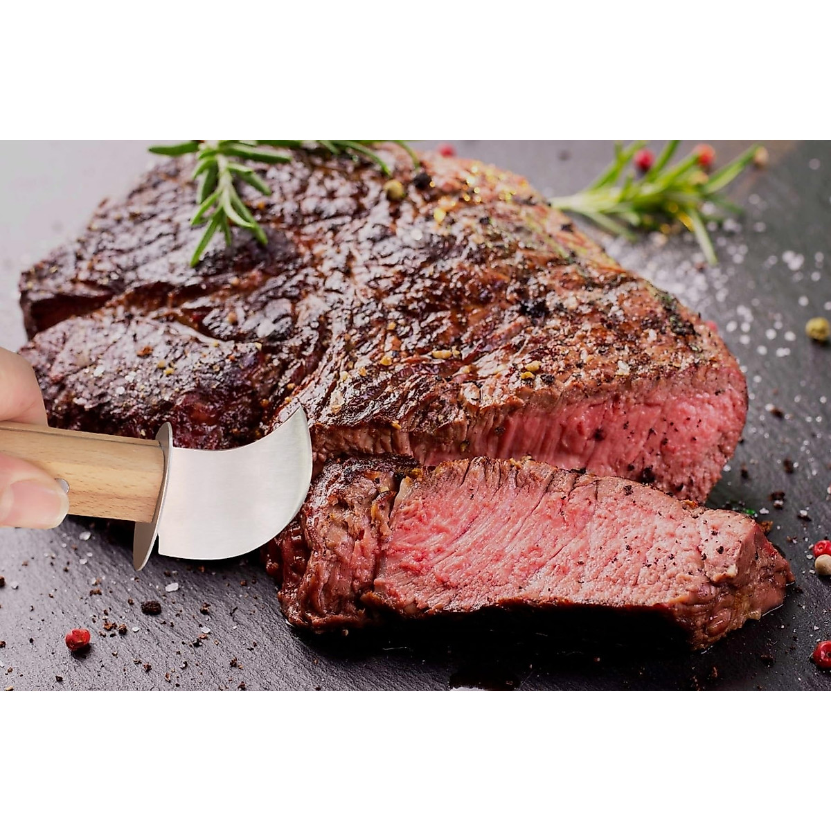 Steak Rocking Knife with Anti-Slip Handle for One-Handed User, Super Sharp Rocker Ulu Knife for Limited Strength Hand Arthritis, Elderly or Pet Owner - Easy Chopping & Slicing for Meat, Veggies