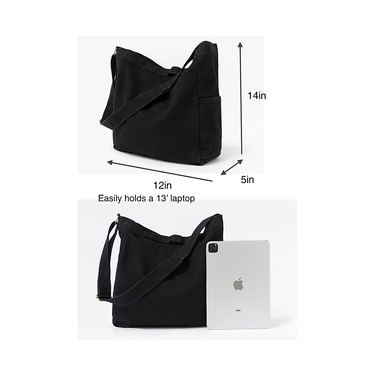 Jeelow 20oz Washed Canvas Tote Shoulder Crossbody Bags Purse Handbag For Men & Women Adjustable Strap (Black)