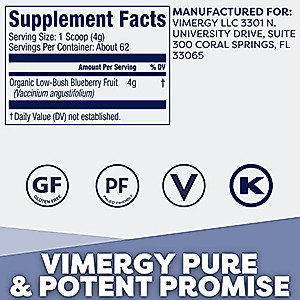 Vimergy USDA Organic Wild Blueberry Supplement Powder, 62 Servings – Natural Wild Blueberries - Fruit Powder for Smoothies, Juices, Fruit Bowls – Low-Bush, Non-GMO, Gluten-Free, Vegan, Paleo (250g)