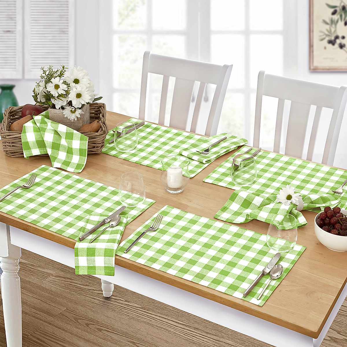 Home Bargains Plus Country Rustic Buffalo Green Plaid Bundle Including Table Runner, Placemats, and Napkins