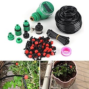 25m Adjustable Automatic Micro Drip Irrigation System Kit Plant Self Watering Garden Hose Kits DIY Watering Timer Automatic Patio Mister for Patio Garden Flower Plants