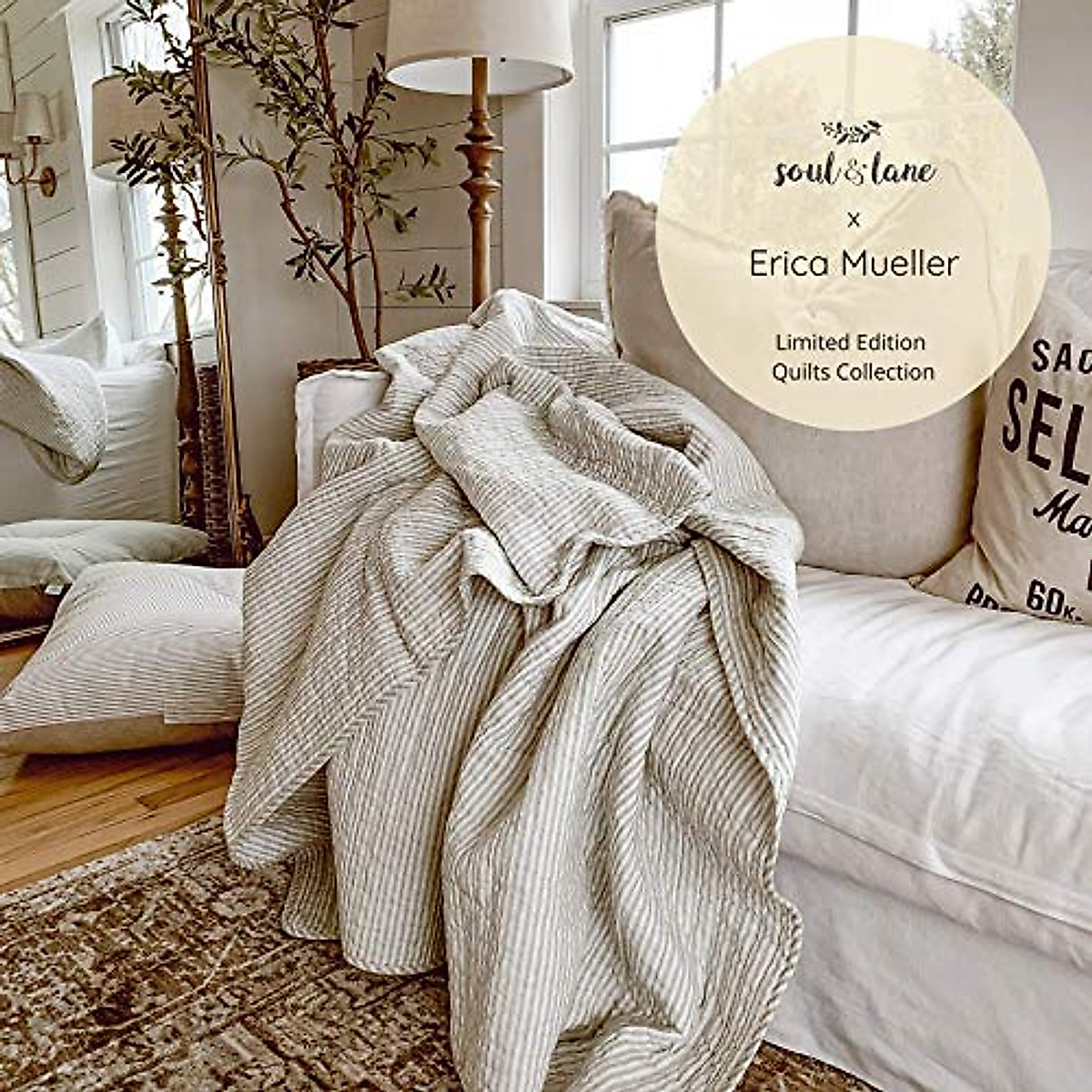 Soul & Lane Cotton King Ticking Stripe Quilt: Gray Striped Quilt, Farmhouse Bedding Coverlet, Greige Comforter and Blanket, Country Pinstripe Coverlet (Shams Sold Separately)