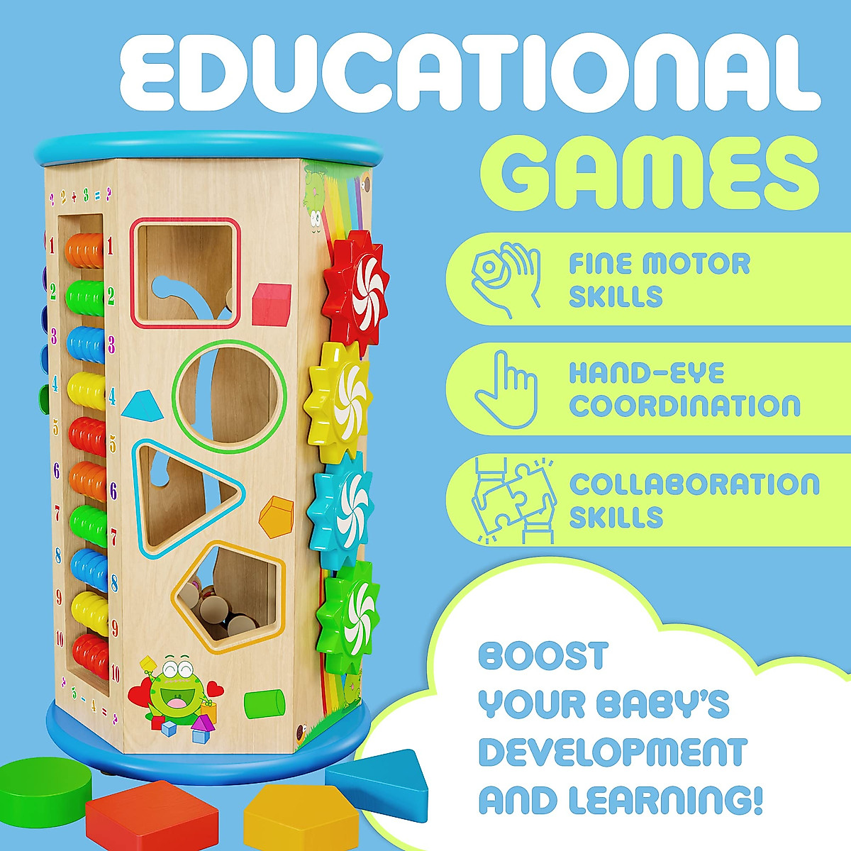 Wooden Activity Cube for Toddlers 1-3 with Bead Maze - Birthday Gift Busy Baby Activity Cube for Babies 12 Months - Standing Wood Sensory Learning Cube Play Center Toys for 1 Year Old Boys & Girls