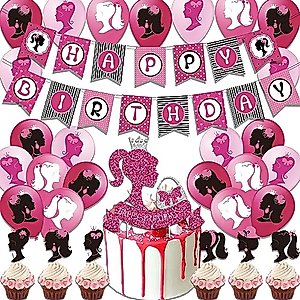 Hot Pink Girl Party Decorations Suitable for Birthday Party Decoration, Birthday Party Supplies Suitable for Hot Pink Girl Party Theme Include Balloons, Banner, Cake topper, Cupcake Topper