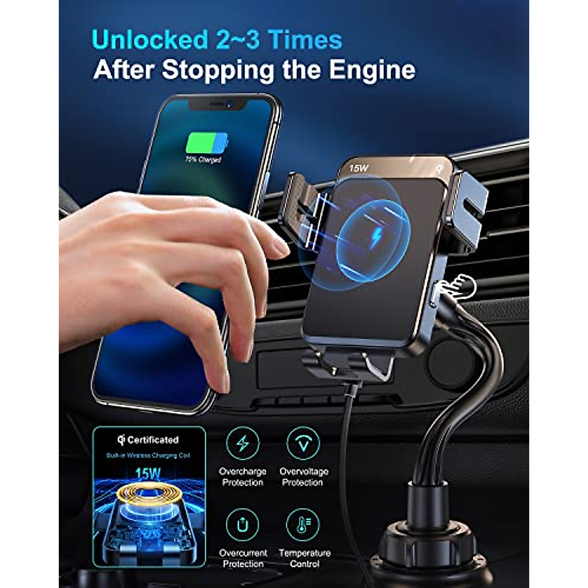 Wireless Car Charger, Cup Holder Wireless Charger, Tollefe 15W Qi Fast Charging Phone Holder, Auto Clamping Height Adjustable Non-Shaking Phone Mount for iPhone 14 13 12 Pro Max X XR, Samsung S22 S21