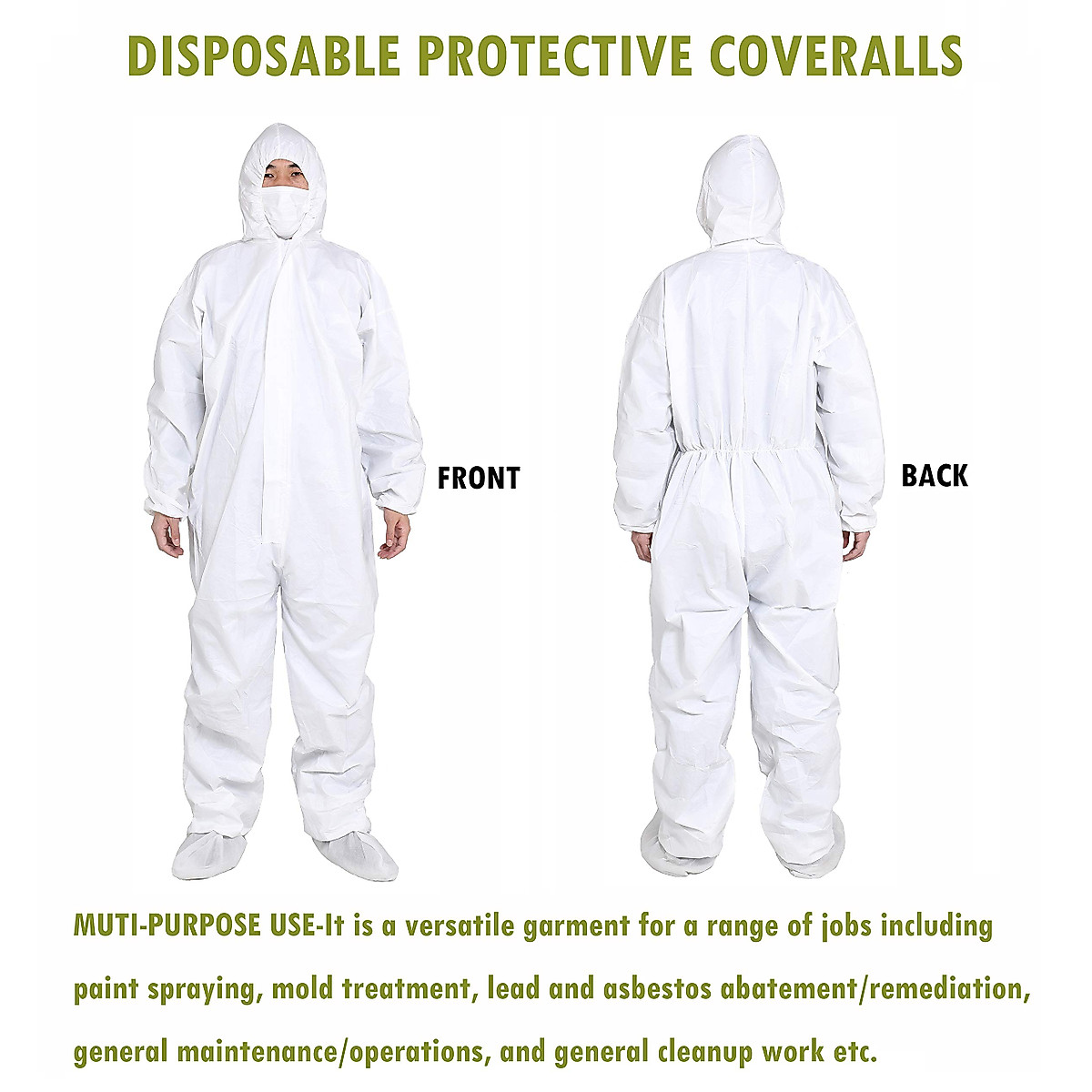 SYINE Pack of 5 XL Disposable Protective Coverall with Hood, Elastic Cuff for Spray Painting Cleaning Work,Breathable & Durable