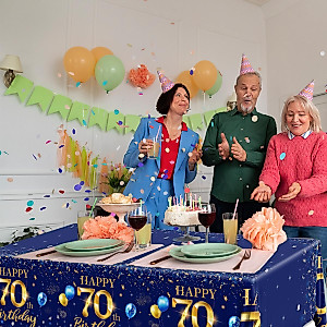 GREHUMOR 70th Birthday Decorations Men-3pcs Navy Blue 70th Birthday Table Covers Rectangle Waterproof Plastic Gold Blue Birthday Tablecloth for Men 70th Birthday Party Supplies