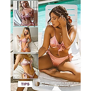 RSLOVE Women Sexy Lingerie Set Satin Bow Tie 2 Piece Bra and Panty Sets Pink L