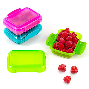 MosJos Snack Containers (4 Set) - 4.75 Oz Small Food Storage Cups with Lids - Fruit, Nuts, Sauce, Condiments & Salad Container for Lunch Box - (3 Bright Colors)