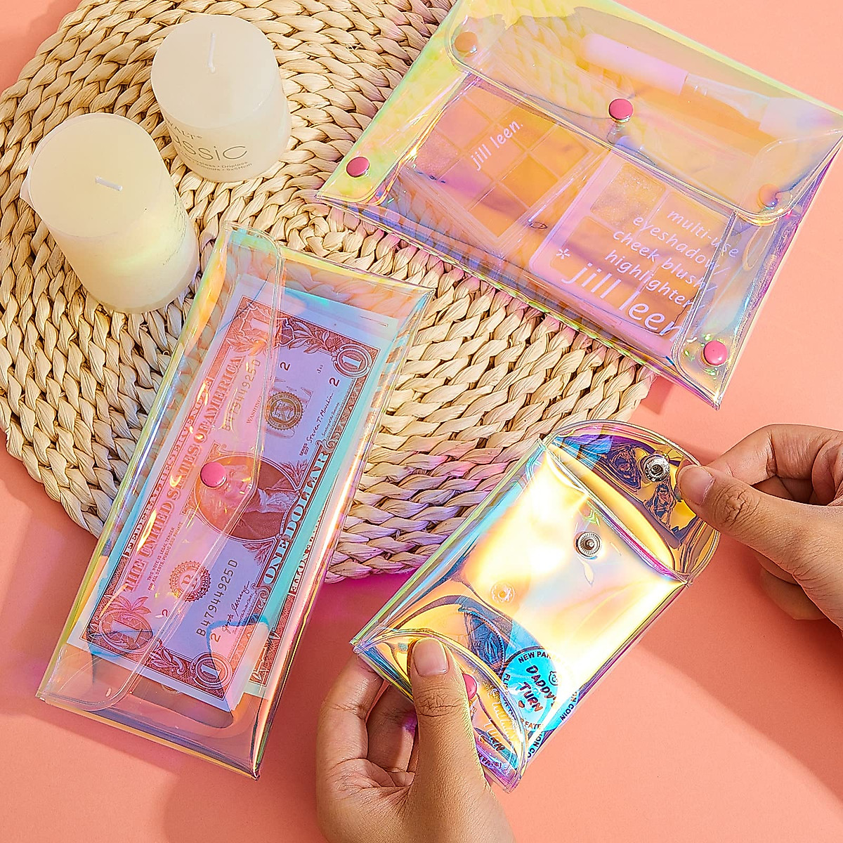 Patelai 3 Pcs Holographic Makeup Bag Iridescent Pencil Pouch Clear Transparent Iridescent Cosmetic Bag Organizer Travel Hologram Handbag Clear Coin Purse for Women(Mixed Sizes)