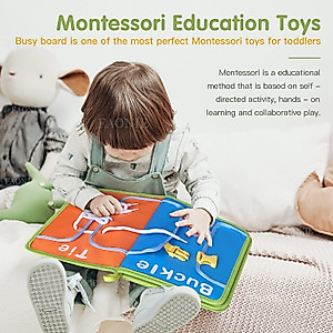 FAONIE Toddler Busy Board Toddler Early Learning Toys Basic Life Skills Learn to Dress Board Book - Zipper, Snap, Button, Buckle, Lace & Tie