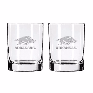 2-Sided, Etched Satin Finish, Rock (or Whiskey) Glass - Set of 2 (Arkansas Razorbacks)