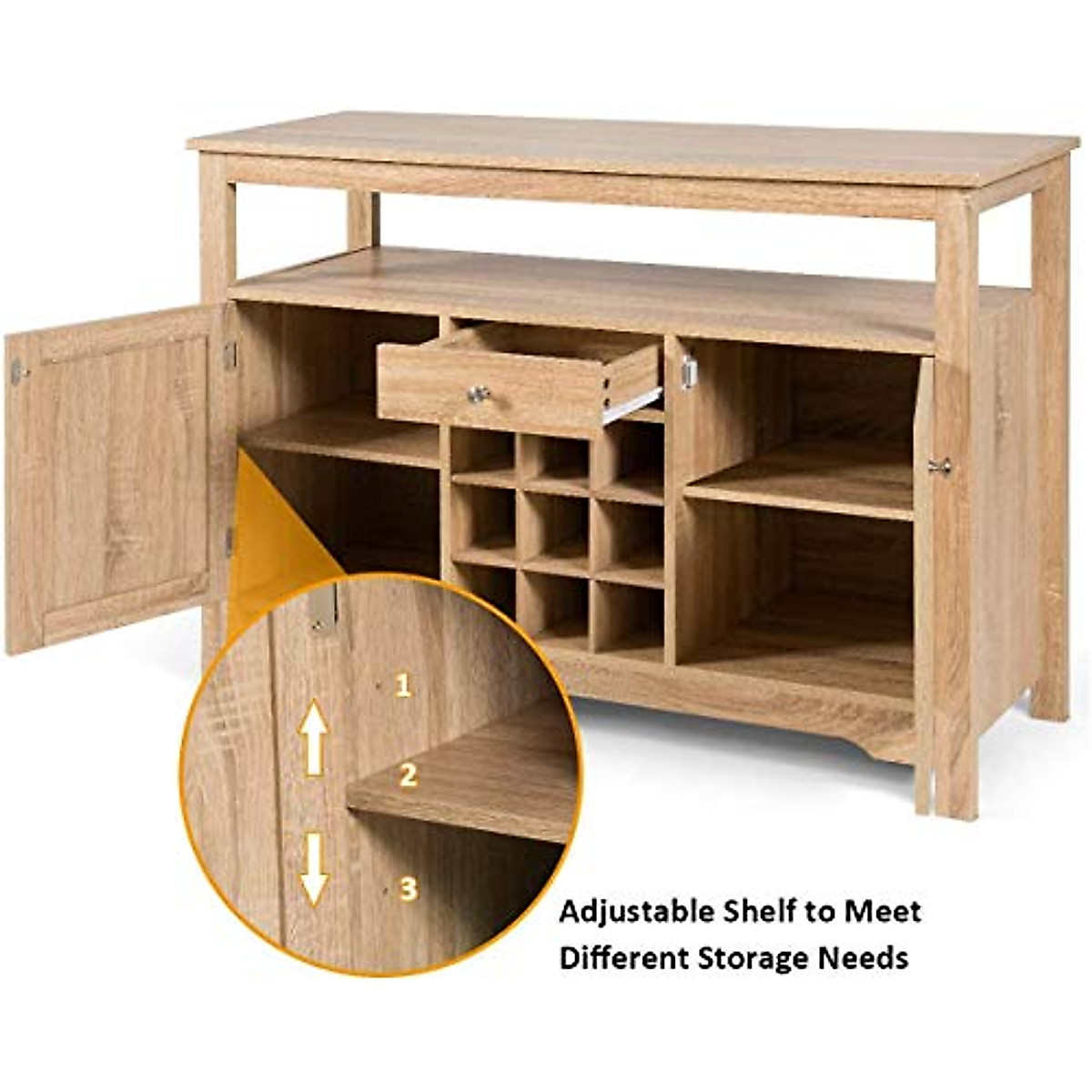 ReunionG Buffet Sideboard, Wine Console Table, Wooden Kitchen Organizer w/2 Cabinets, 1 Drawer and 9 Wine Cabinets, Farmhouse Storage Cupboard, Wine Rack, Server Table, Dining Room Furniture (Natural)