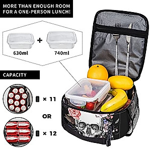PATNPRT Halloween Black Sugar Skull Insulated Lunch Box Reusable Lunch Bag with Side Pocket for Men Office Work Picnic Travel