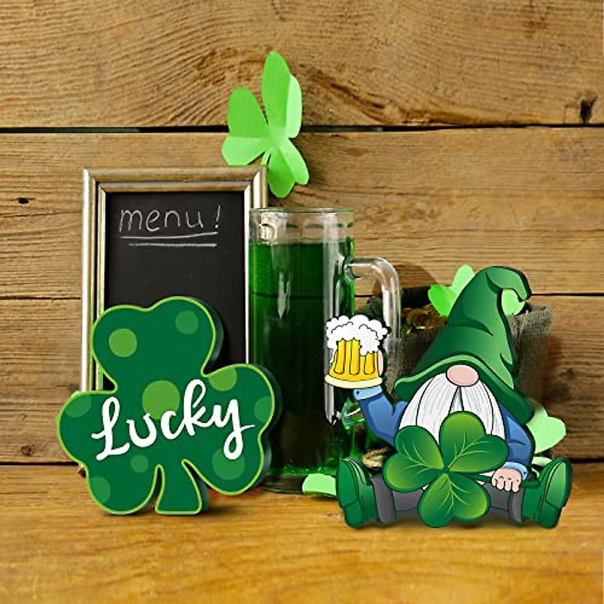 4 Pieces St. Patrick's Day Table Decor Wooden Sign Lucky Shamrock Table Sign Green Gnome Truck Table Centerpiece Freestanding Clover Letter Sign Table Decoration for Irish Holiday Party Decor