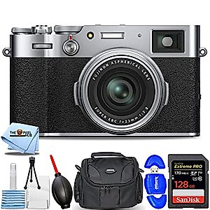 Pixel Hub FUJIFILM X100V Digital Camera (Silver) 16642939-7PC Accessory Bundle Includes: Sandisk Extreme Pro 128GB SD,Memory Card Reader,Gadget Bag,Blower. Microfiber Cloth and Cleaning Kit