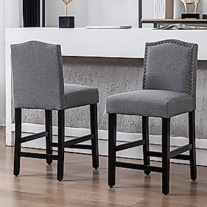 GOTMINSI Grey Counter Height Bar Stool 24 Inches Upholstered Back Barstool with Antique Gold Nail Heads Solid Wood Set of 2 Counter Height Bar Chairs