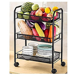 ATAAY Storage Racks and Durable Metal Mesh Rolling Storage Carts with Practical Handle Wheels, Easy-to-Operate Kitchen and Bathroom/Black