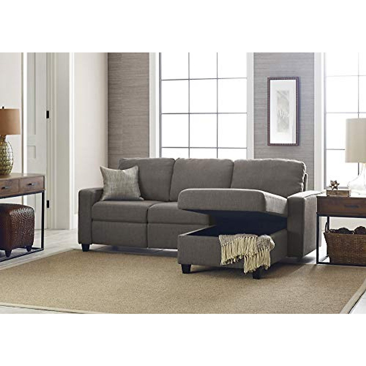 Serta Palisades Reclining Sectional Sofa with Right Storage Chaise, Small Couch with Built-In Storage, Low-Maintenance & Family-Friendly Fabric, Gray