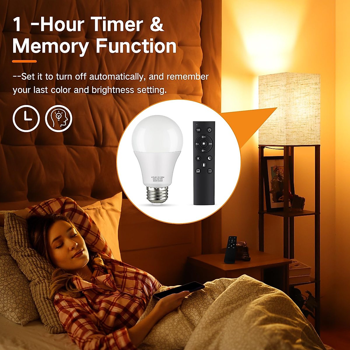 OUTON A19 LED Light Bulb with Remote Control, Efficient 9W LED Bulb (60Watt Equivalent), 810 LM, Dimmable, 3000K-6000K, E26 Base, Light Bulb with Timer for Living Room, Bedroom, 1Bulb & Remote
