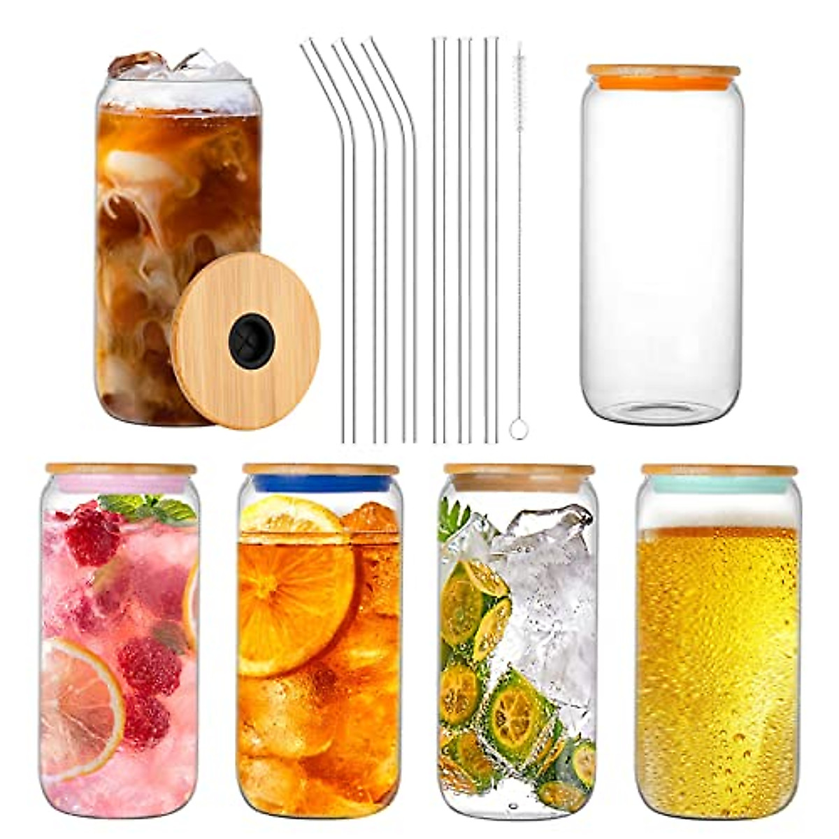 Tronco Beer Can Glasses with Bamboo Lid and Glass Straws 6pcs Set, 20oz Glass Cups Shaped Drinking Glasses,Iced Coffee Glasses, Ideal for coffee, Tea, Soda