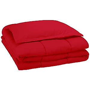 Amazon Basics 2 Piece Easy Wash Microfiber Kid's Comforter and Pillow Sham Set, Twin, Red, Solid