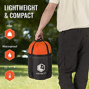 VENTURE 4TH 3-Season XL Backpacking Sleeping Bag, Camping Sleeping Bags for Adults & Kids - Lightweight, Comfortable, Water Resistant, Ideal for Hiking, Camping & Outdoor – Orange/Gray