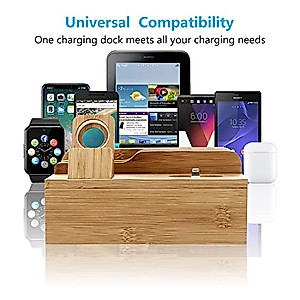 Bamboo Charging Station for Multi Device with 5 USB A Charger Port Sendowtek 6 in 1 Charging Stand for Phone Tablet Smart Watch Holder Earbud Dock Charger Organizer with Power Supply(no watch charger)