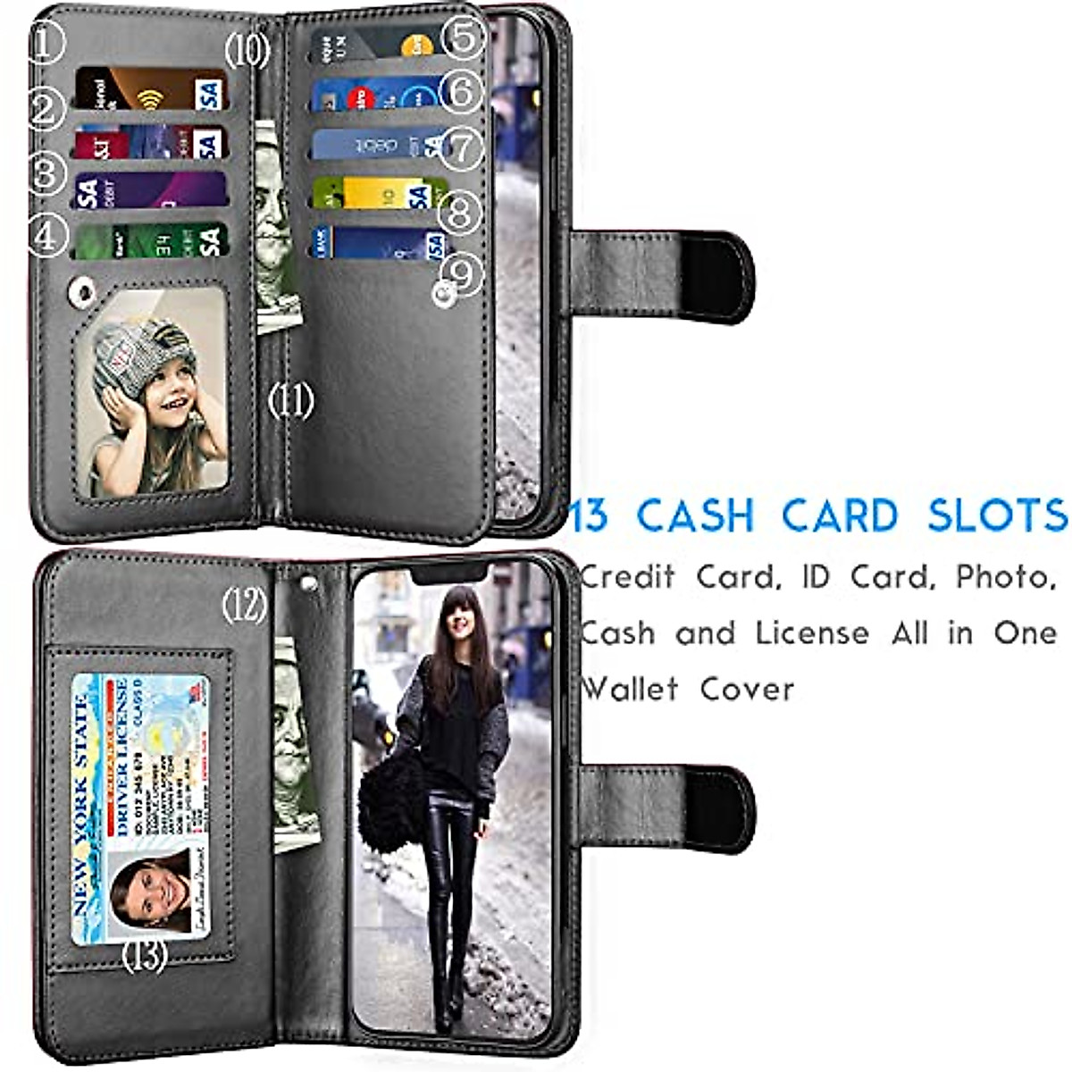 Tekcoo Wallet Case Compatible with iPhone 13 (6.1 inch) 2021 Luxury ID Cash Credit Card Slots Holder Carrying Pouch Folio Flip PU Leather Cover [Detachable Magnetic Hard Case] with Strap [Black]