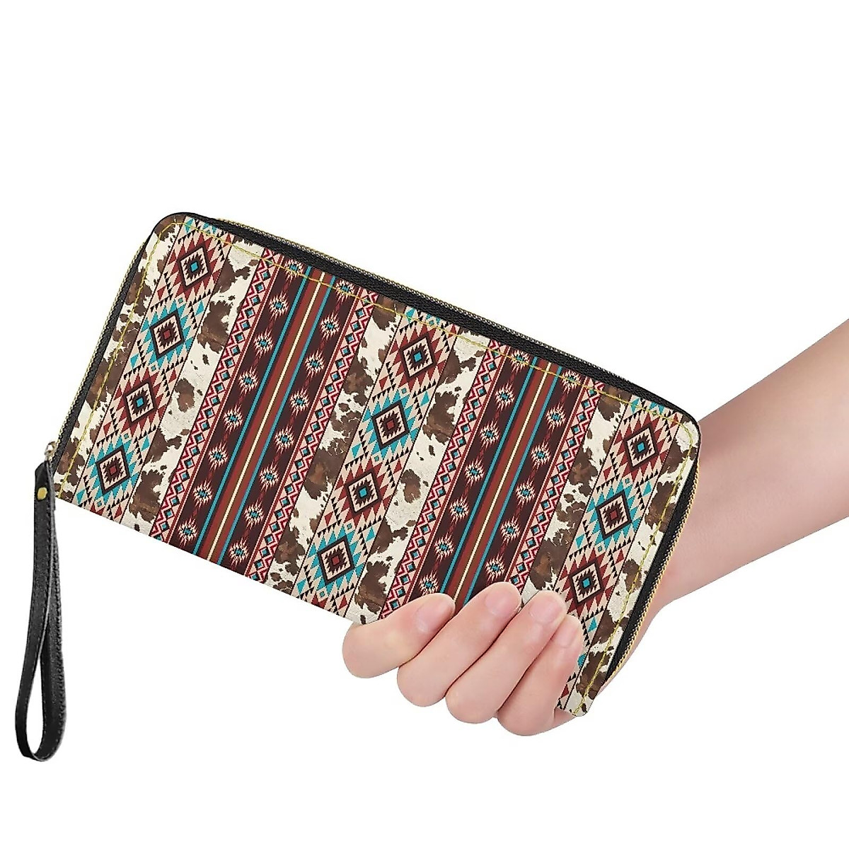 Wanyint Navajo Wrist Strap Wallet for Women Girls Native American Handbag Men's Long Clutch Cell Phone Case Boho Southwestern Aztec Tribal Stripe Ethnic Geometric Green Red Zipper Card Holder