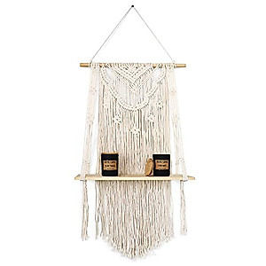 GregCo Handmade Macrame Wall Hanging Shelf - Decorative Floating Bohemian Shelf for Plants, Books and Vases - Woven and Handmade Display Shelving Unit for Homes or Office