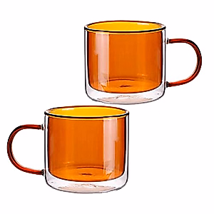 Glass Coffee Mugs - Xhftop 12 Ounces Double Wall Cups with Handle Set of 2 - Wall Insulated Glassware Cup (Inner Brown)