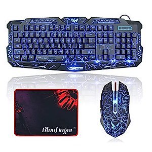 BlueFinger Gaming Keyboard and Mouse,USB Wired Backlit Gaming Mouse and Keyboard Combo,Letters Glow, 3 Color Crack Backlit,Illumination Keyboard and Mouse Set for Game and Work