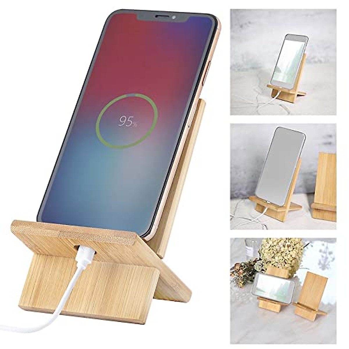 FadyDail Bamboo Cell Phone Stand with Charging Hole, Detachable Wood ...
