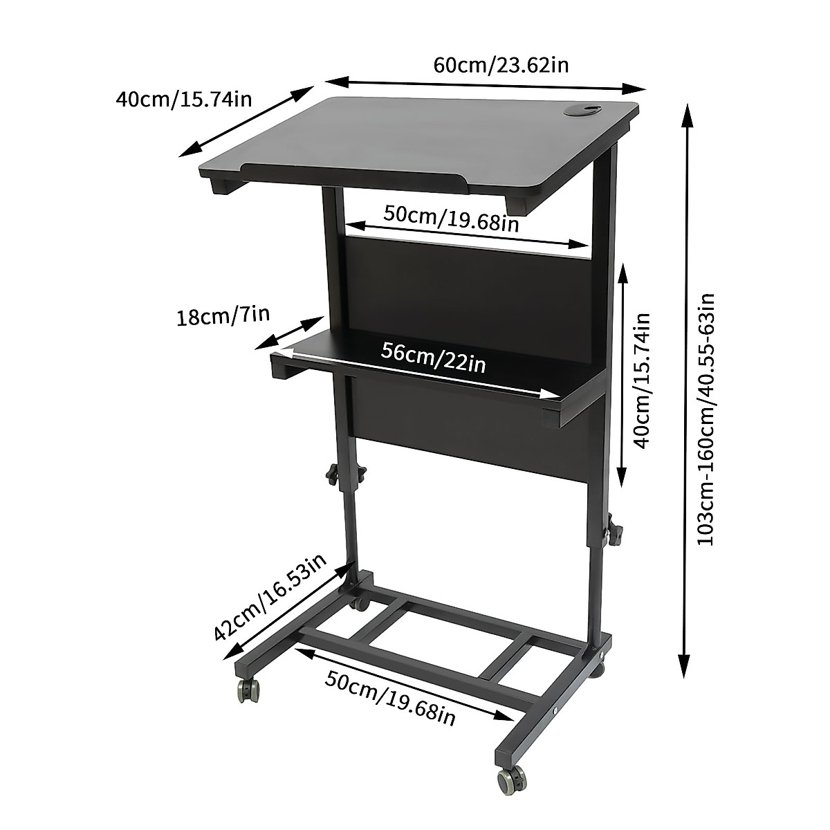 Mobile Stand Up Lectern Podium with Wheels, Portable Heavy Duty Height Adjustable Desk, Ergonomic Ambidextrous Steel Frame for Church Pulpit, Classroom Lecture Speech (Black)