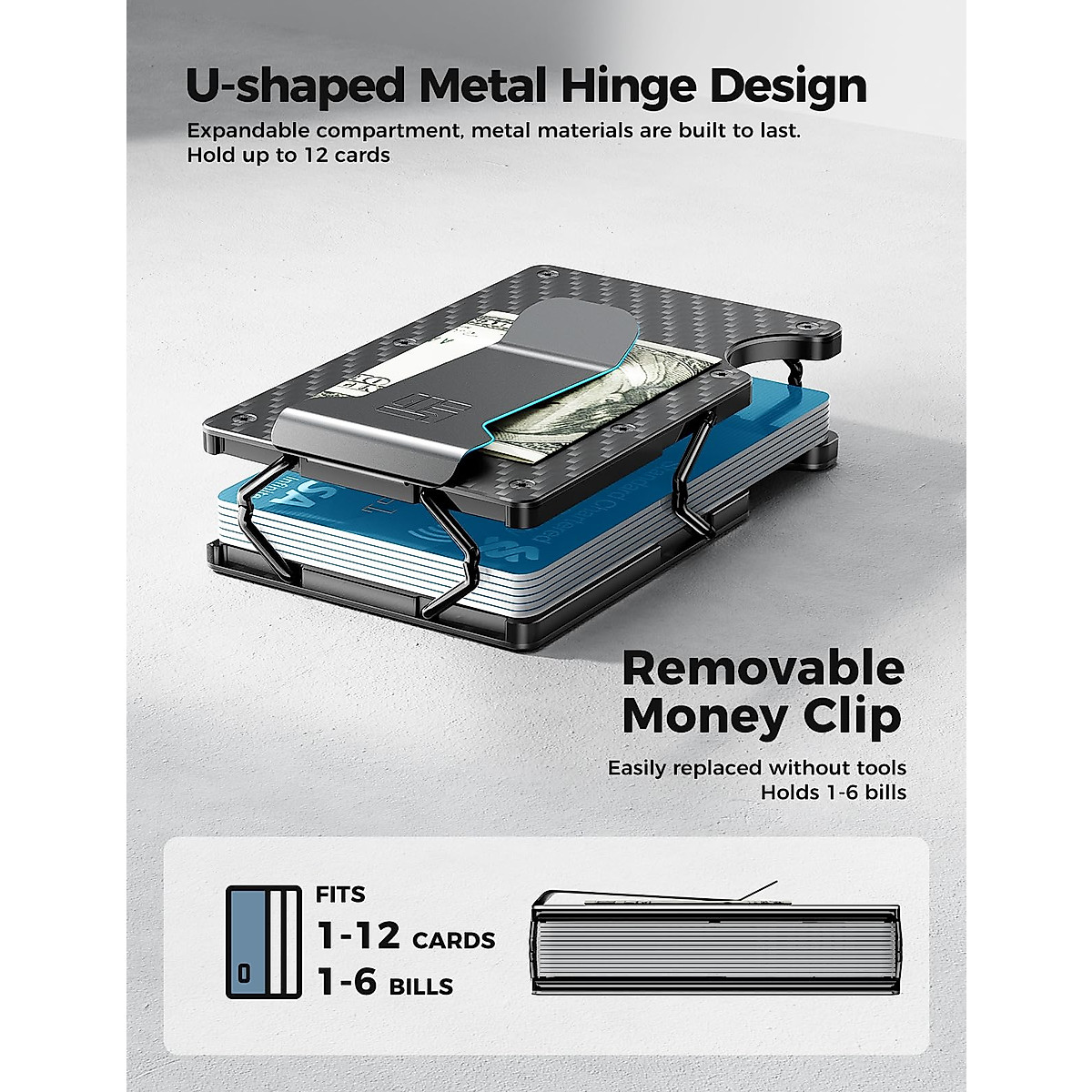 TIGERSTONE Slim Wallet For Men, Minimalist Wallet, Metal RFID Blocking, Credit Card Holder, Holds 12 Card, Aluminum Wallet With Money Clip, Gifts for Men & Women (Carbon)