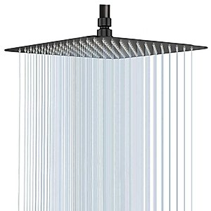 High Pressure Shower Head GGStudy Square Black Shower Head 16 Inch Large Stainless Steel Shower Heads Ultra Thin Rainfall Bath Shower 1/2 Connection