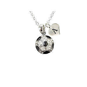 Custom Crystal Soccer Ball Silver Chain Necklace Choose Initial Charm All 26
