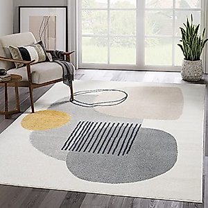 Abani Rugs Cream and Gray 6 ft. X 9 ft. Mid-Century Rug with Circles and Lines. Neutral Tones of Cream, Gray and a pop of Yellow. Minimalistic Design Turkish Stain Resistant Area Rug.