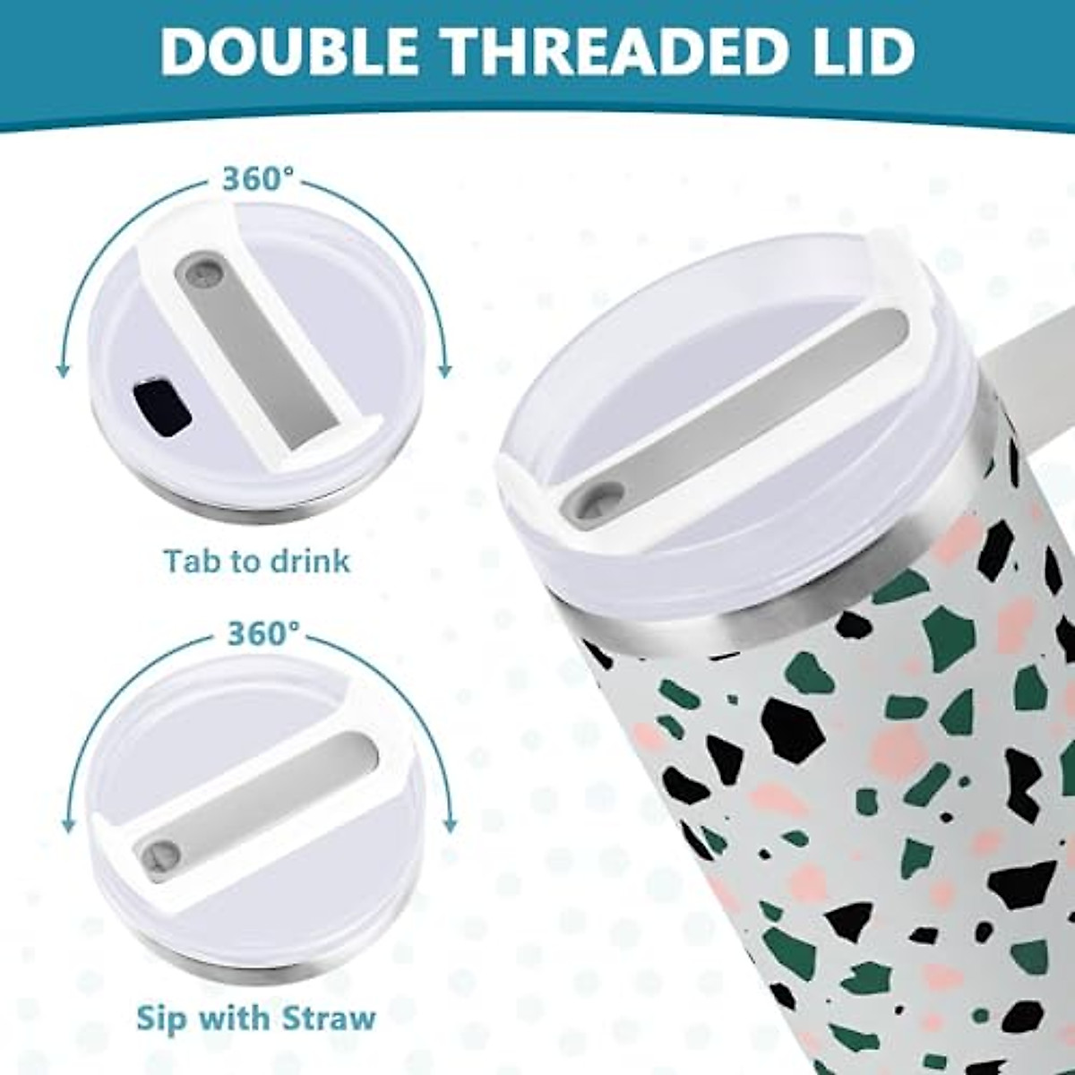 RPLIFE Trendy Terrazzo Dots Tumbler with Handle and Straw, Stainless Steel Bottle, Insulated Cups with Lids, Tumblers for Women