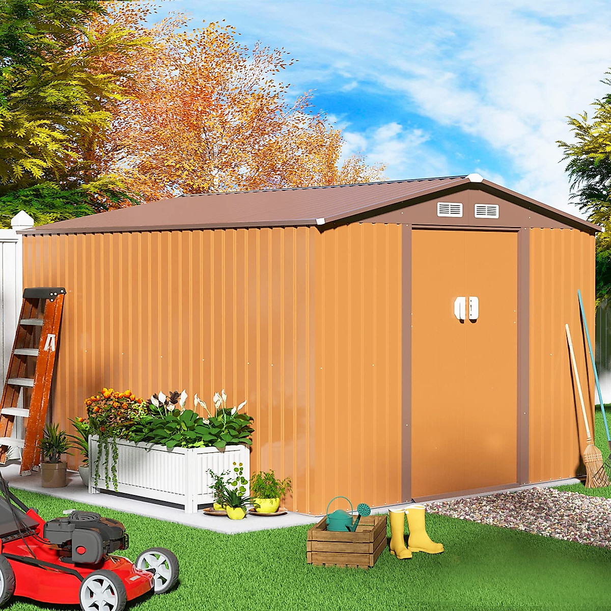HOGYME 10.5' x 9.1' Storage Shed Large Metal Shed, Sheds &Outdoor Storage Clearance Suitable for Garden Tool Bike Lawn Mower Ladder, Utility Tool House w/Lockable/Sliding Door, 4 Vents, Coffee
