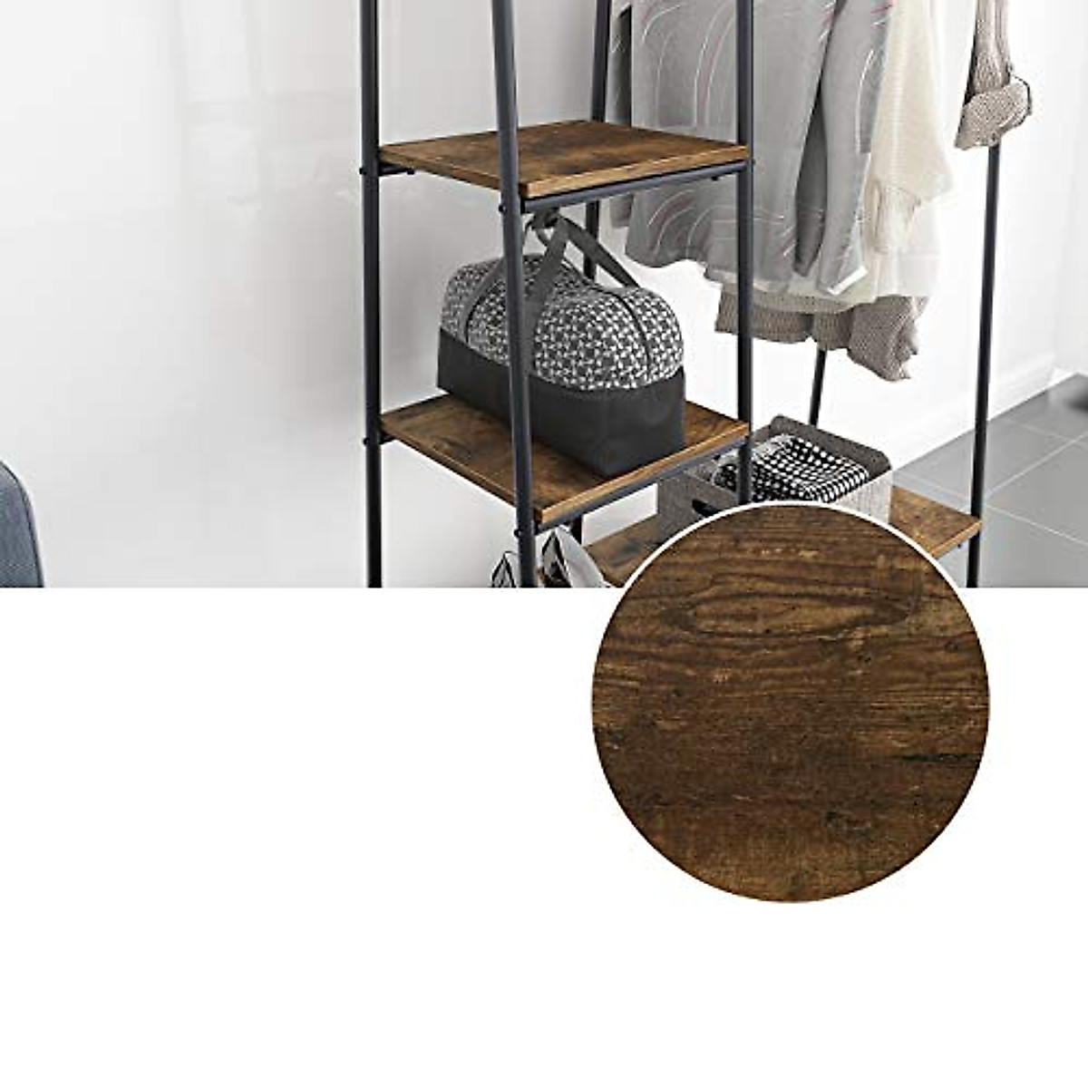 DlandHome Free-Standing Garment Clothing Racks, Home Metal Clothing Rack with 4-Tier Storage Shelves and Hanging Rod Closet Storage Organizer Clothing Rack for Bedroom Living Room Entryway